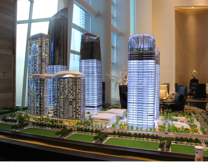 architectural model of a complex of modern skyscrapers